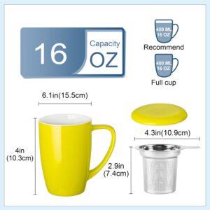 LOVECASA 16 OZ Tea Mug with Infuser and Lid, Tea Infuser Mug with Handle Ceramic Mug with Filter for Tea, Milk, Coffee, Loose Leaf Tea Infusers, Lemon Yellow