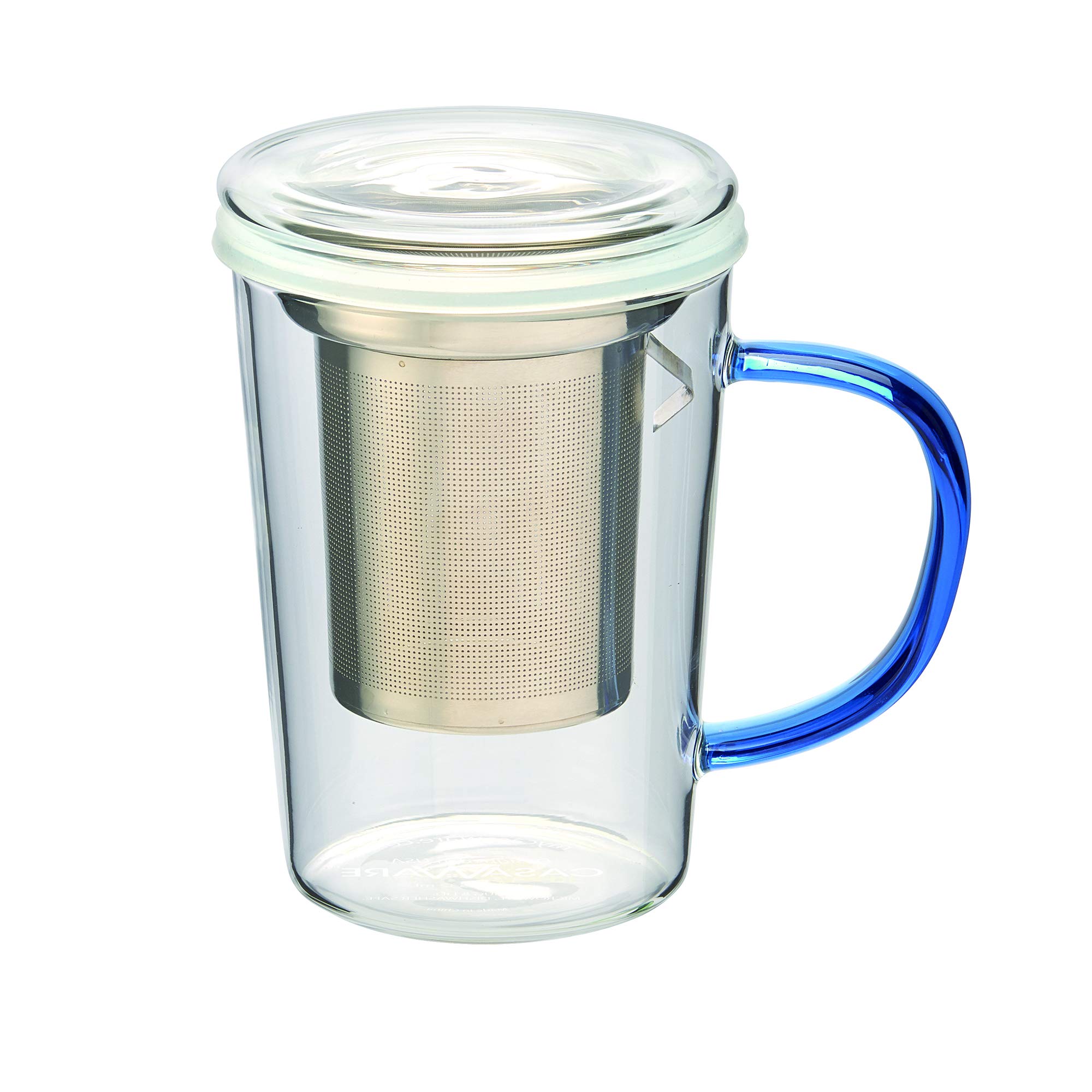 casaWare 18-Ounce Borosilicate Glass Tea Infuser Mug with Lid (Blue Handle)