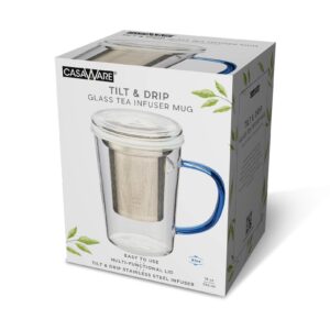 casaWare 18-Ounce Borosilicate Glass Tea Infuser Mug with Lid (Blue Handle)