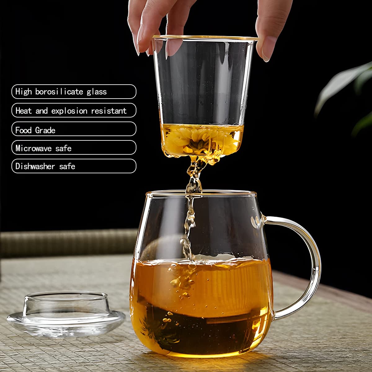 TIANXIALAWU 16.9 oz,Glass Tea Infuser Cups with Strainer and Lid,Tea Mugs with Infuser and Lid,Loose Tea Infuser,Hot Tea Diffuser Cup, (glass cover)，Glass Tea Cups