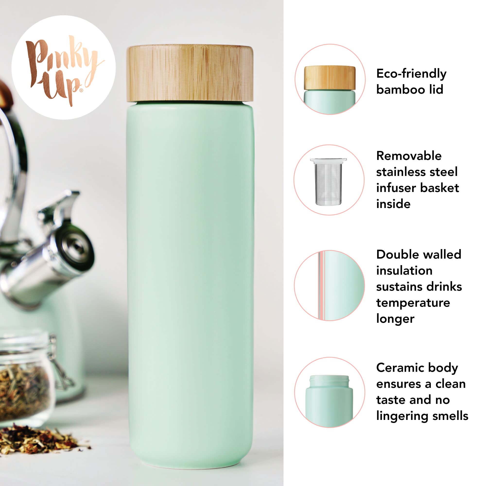 Pinky Up Tatyana Tea Infuser Mug - Ceramic Tea Mug with Infuser and Lid - Bamboo, Stainless Steel, Ceramic 12oz Turquoise Set of 1