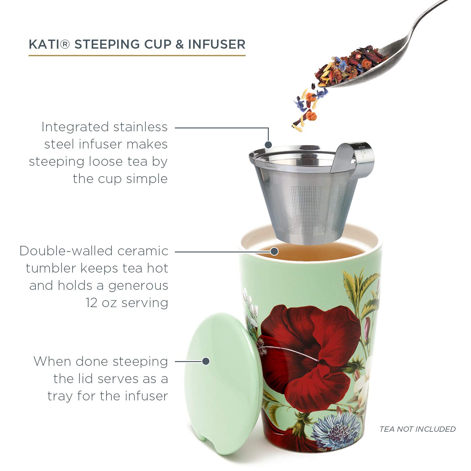 Tea Forte Jubilee KATI Steeping Cup, Ceramic Tea Infuser Cup with Lid & Stainless Steel Loose Leaf Tea Infuser