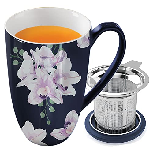 immaculife Tea Cup with Infuser and Lid for Steeping Loose Leaf Tea Bag Coffee Milk Women Office Home Gift 16oz Navy Floral Print