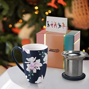 immaculife Tea Cup with Infuser and Lid for Steeping Loose Leaf Tea Bag Coffee Milk Women Office Home Gift 16oz Navy Floral Print