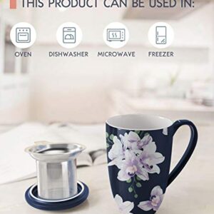 immaculife Tea Cup with Infuser and Lid for Steeping Loose Leaf Tea Bag Coffee Milk Women Office Home Gift 16oz Navy Floral Print