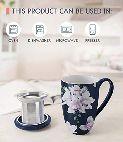 immaculife Tea Cup with Infuser and Lid for Steeping Loose Leaf Tea Bag Coffee Milk Women Office Home Gift 16oz Navy Floral Print