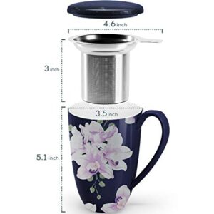 immaculife Tea Cup with Infuser and Lid for Steeping Loose Leaf Tea Bag Coffee Milk Women Office Home Gift 16oz Navy Floral Print