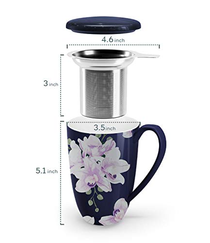 immaculife Tea Cup with Infuser and Lid for Steeping Loose Leaf Tea Bag Coffee Milk Women Office Home Gift 16oz Navy Floral Print