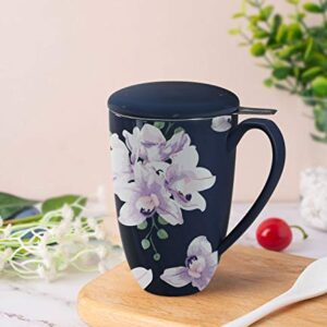 immaculife Tea Cup with Infuser and Lid for Steeping Loose Leaf Tea Bag Coffee Milk Women Office Home Gift 16oz Navy Floral Print