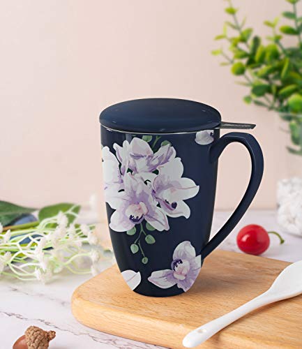 immaculife Tea Cup with Infuser and Lid for Steeping Loose Leaf Tea Bag Coffee Milk Women Office Home Gift 16oz Navy Floral Print