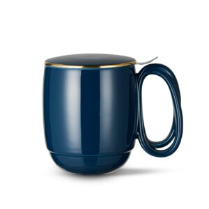 zens tea cup with infuser and lid, 16 ounces entwined handle porcelain mug, loose tea steeping mug with gold trim lid for tea gift/navy blue 480ml