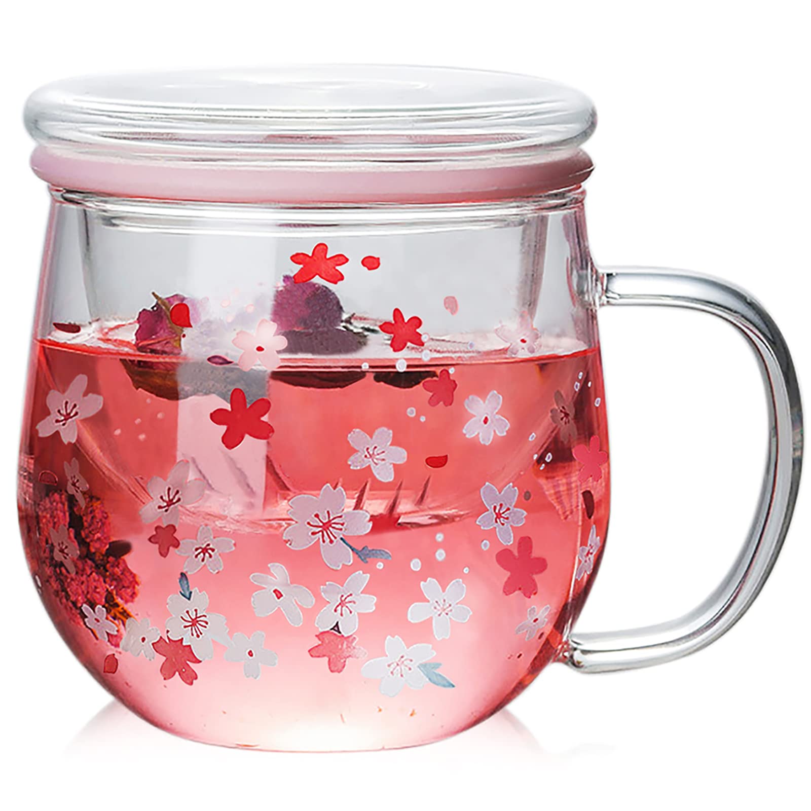 SZHTSWU Cherry Blossom Glass Cup and Coaster, Glass Teacup with Infuser and Lid, 300ml Clear Pink Flower Tea Infuser Mug Heat Resistance Borosilicate Glass Drinking Cup, Ideal for Tea Lovers