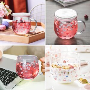 SZHTSWU Cherry Blossom Glass Cup and Coaster, Glass Teacup with Infuser and Lid, 300ml Clear Pink Flower Tea Infuser Mug Heat Resistance Borosilicate Glass Drinking Cup, Ideal for Tea Lovers