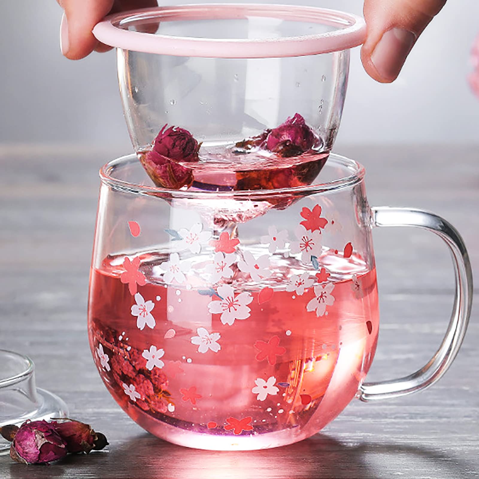 SZHTSWU Cherry Blossom Glass Cup and Coaster, Glass Teacup with Infuser and Lid, 300ml Clear Pink Flower Tea Infuser Mug Heat Resistance Borosilicate Glass Drinking Cup, Ideal for Tea Lovers