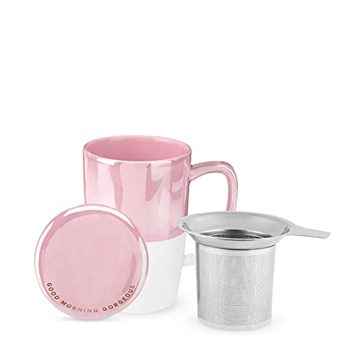 Pinky Up Delia Ceramic Tea Mug and Loose Leaf Tea Infuser, Loose Leaf Tea Accessories, Tea Tumbler Cup, Pink, 18 oz.