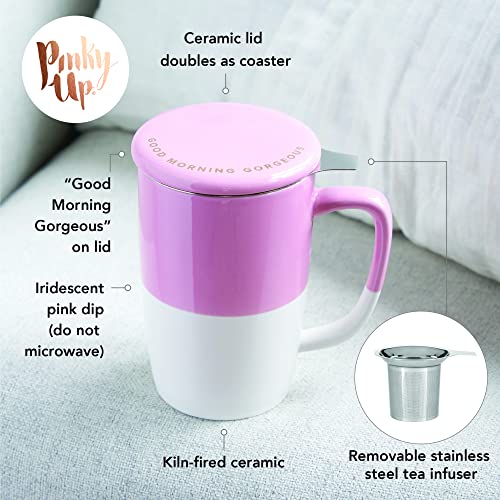 Pinky Up Delia Ceramic Tea Mug and Loose Leaf Tea Infuser, Loose Leaf Tea Accessories, Tea Tumbler Cup, Pink, 18 oz.