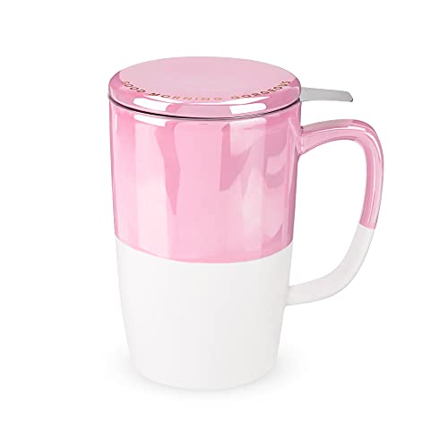 Pinky Up Delia Ceramic Tea Mug and Loose Leaf Tea Infuser, Loose Leaf Tea Accessories, Tea Tumbler Cup, Pink, 18 oz.