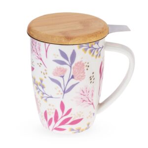 pinky up bailey ceramic tea mug and loose leaf tea infuser, loose leaf tea accessories, tea tumbler cup, botanical design, 12oz