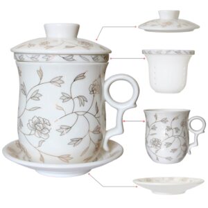 ameolela porcelain tea cup with infuser lid and saucer sets - chinese jingdezhen ceramics coffee mug teacup loose leaf tea brewing system for home office