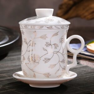 Ameolela Porcelain Tea Cup with Infuser Lid and Saucer Sets - Chinese Jingdezhen Ceramics Coffee Mug Teacup Loose Leaf Tea Brewing System for Home Office