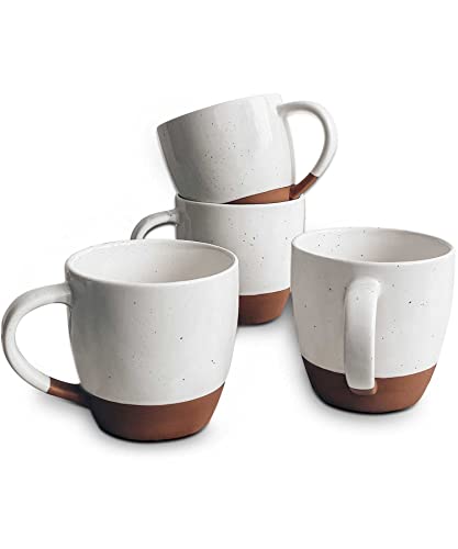 Mora Ceramic Large Latte Mug Set of 4, 16oz - Microwavable, Porcelain Coffee Cups With Big Handle - Modern, Boho, Unique Style For Any Kitchen. Microwave Safe Stoneware - Vanilla White