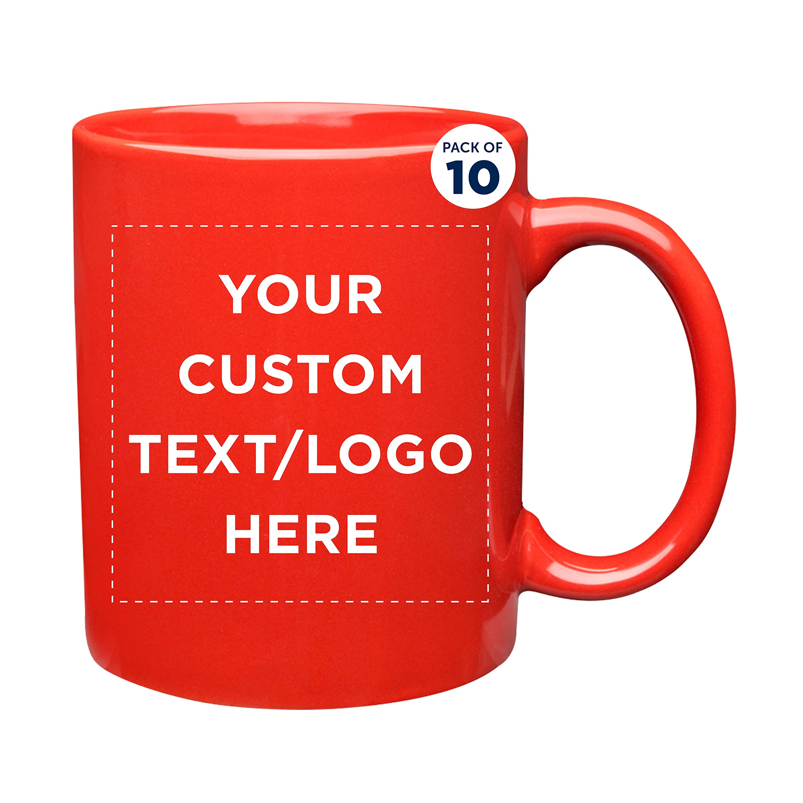 Custom Ceramic Coffee Mugs 11 oz. Set of 10, Personalized Bulk Pack - Coffee cup set, Iced coffee cup, Gaming mug - Red