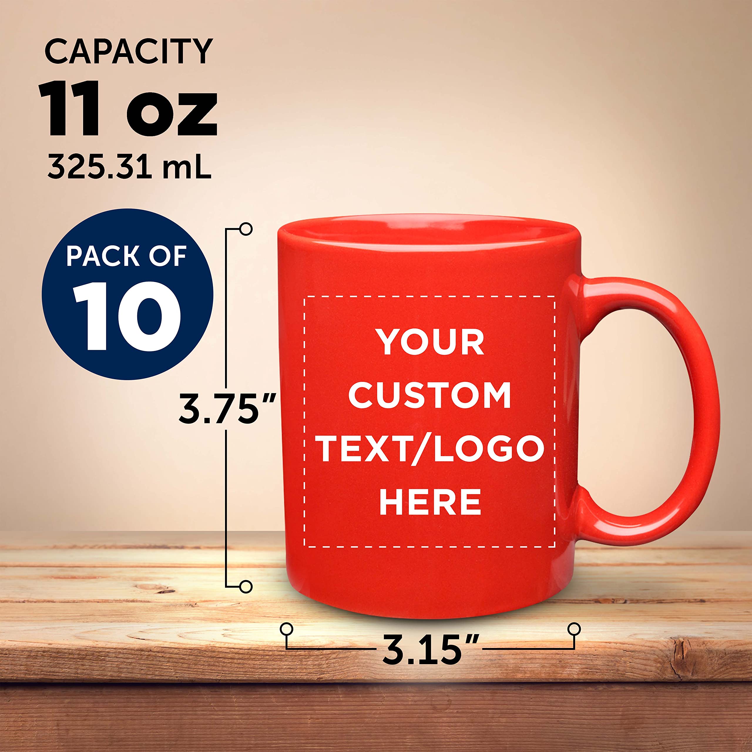 Custom Ceramic Coffee Mugs 11 oz. Set of 10, Personalized Bulk Pack - Coffee cup set, Iced coffee cup, Gaming mug - Red