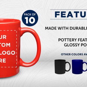 Custom Ceramic Coffee Mugs 11 oz. Set of 10, Personalized Bulk Pack - Coffee cup set, Iced coffee cup, Gaming mug - Red