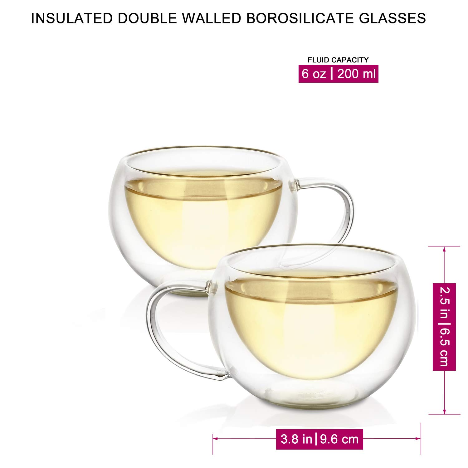 Teabloom Modern Classic Insulated Cups – 6 oz / 200 ml – Set of 2 Double Walled Glass Cups for Tea or Coffee