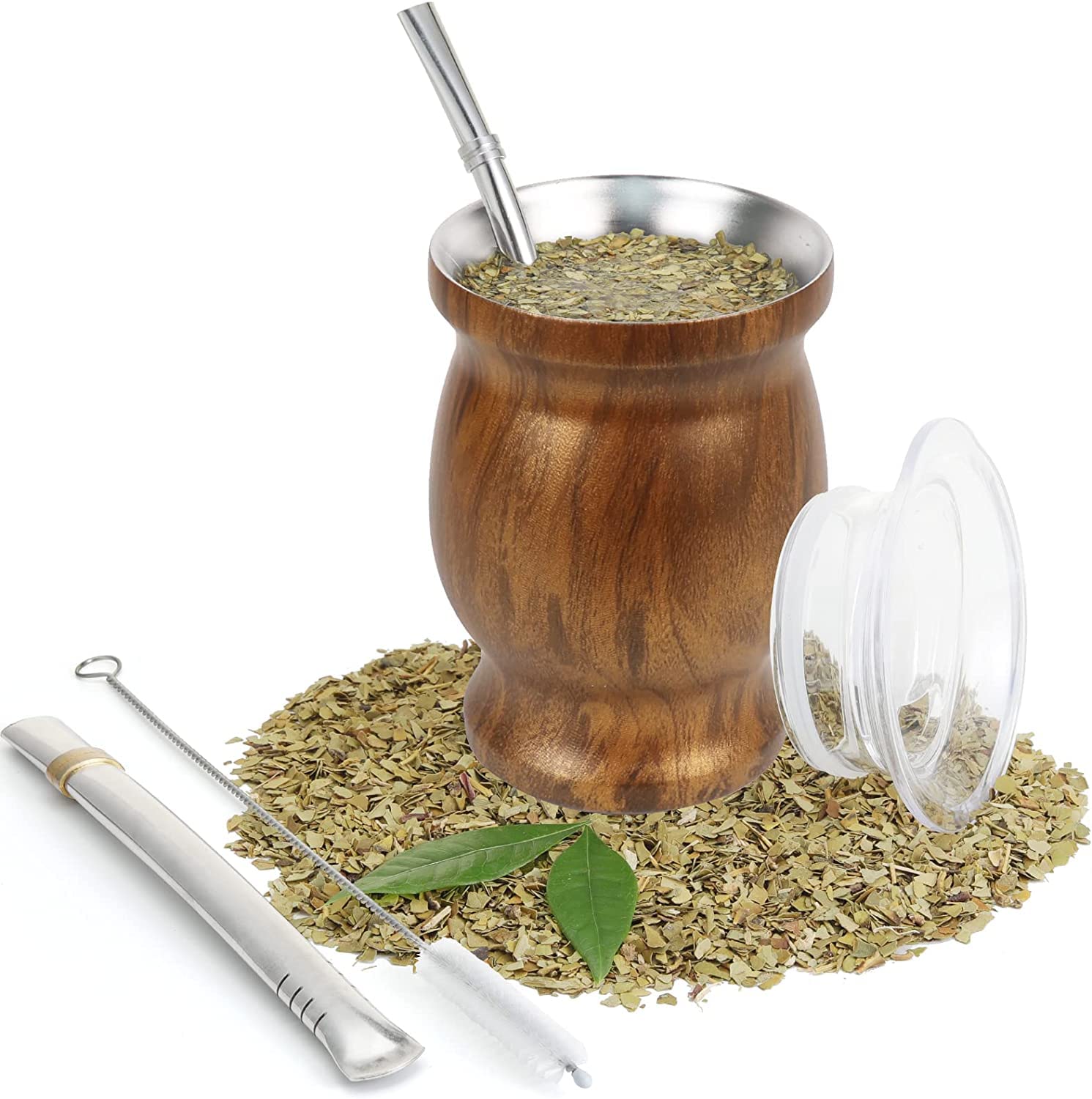 ROCKY&CHAO 8 Oz Yerba Mate Gourd Tea Cup, Stainless Steel Double-Walled Teacup Set Traditional Mate Cup Included 2 Bombillas(Yerba Mate Straws), Yerba Mate Gourd Cup and Cleaning Brush, Wood Grain