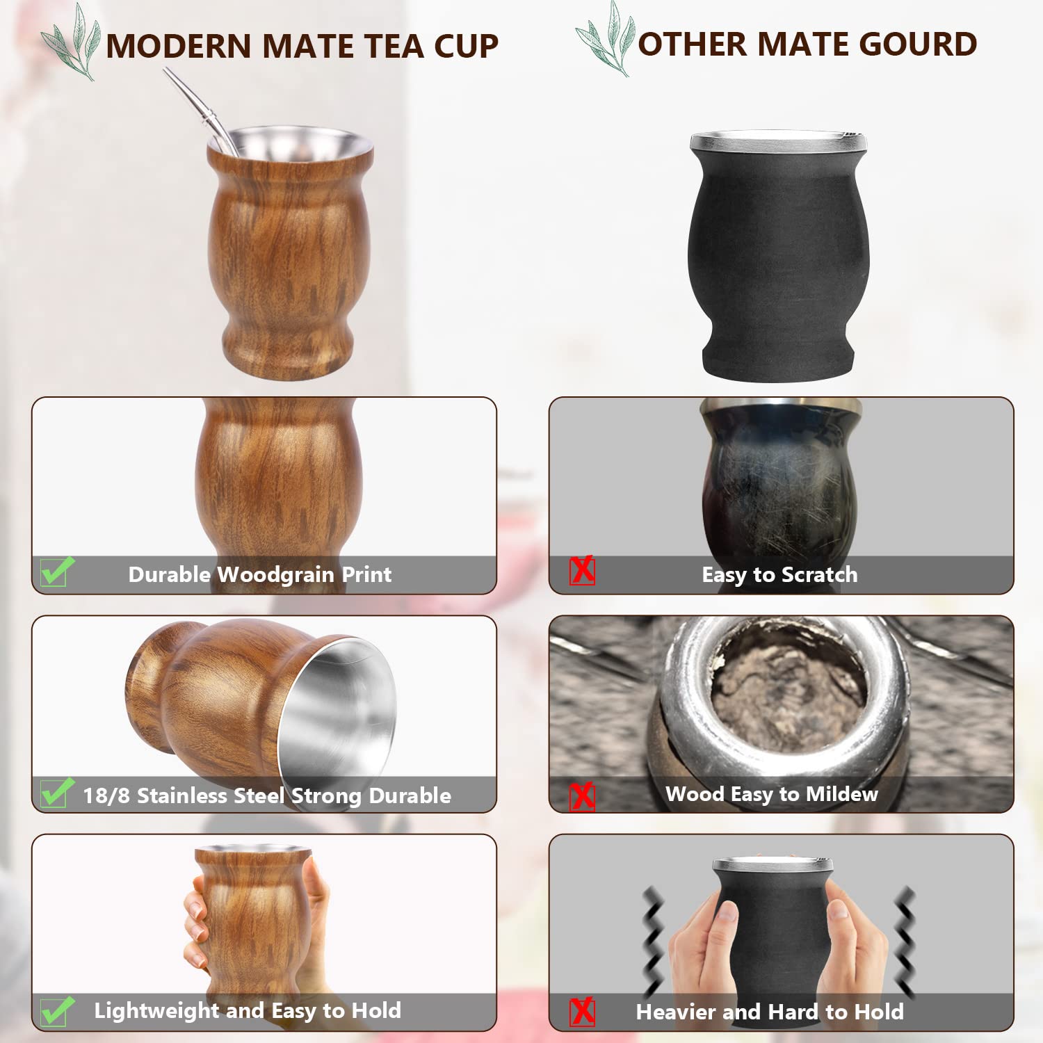 ROCKY&CHAO 8 Oz Yerba Mate Gourd Tea Cup, Stainless Steel Double-Walled Teacup Set Traditional Mate Cup Included 2 Bombillas(Yerba Mate Straws), Yerba Mate Gourd Cup and Cleaning Brush, Wood Grain