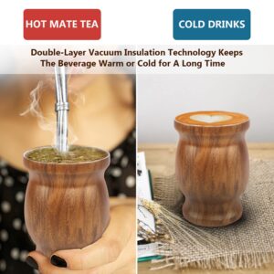 ROCKY&CHAO 8 Oz Yerba Mate Gourd Tea Cup, Stainless Steel Double-Walled Teacup Set Traditional Mate Cup Included 2 Bombillas(Yerba Mate Straws), Yerba Mate Gourd Cup and Cleaning Brush, Wood Grain