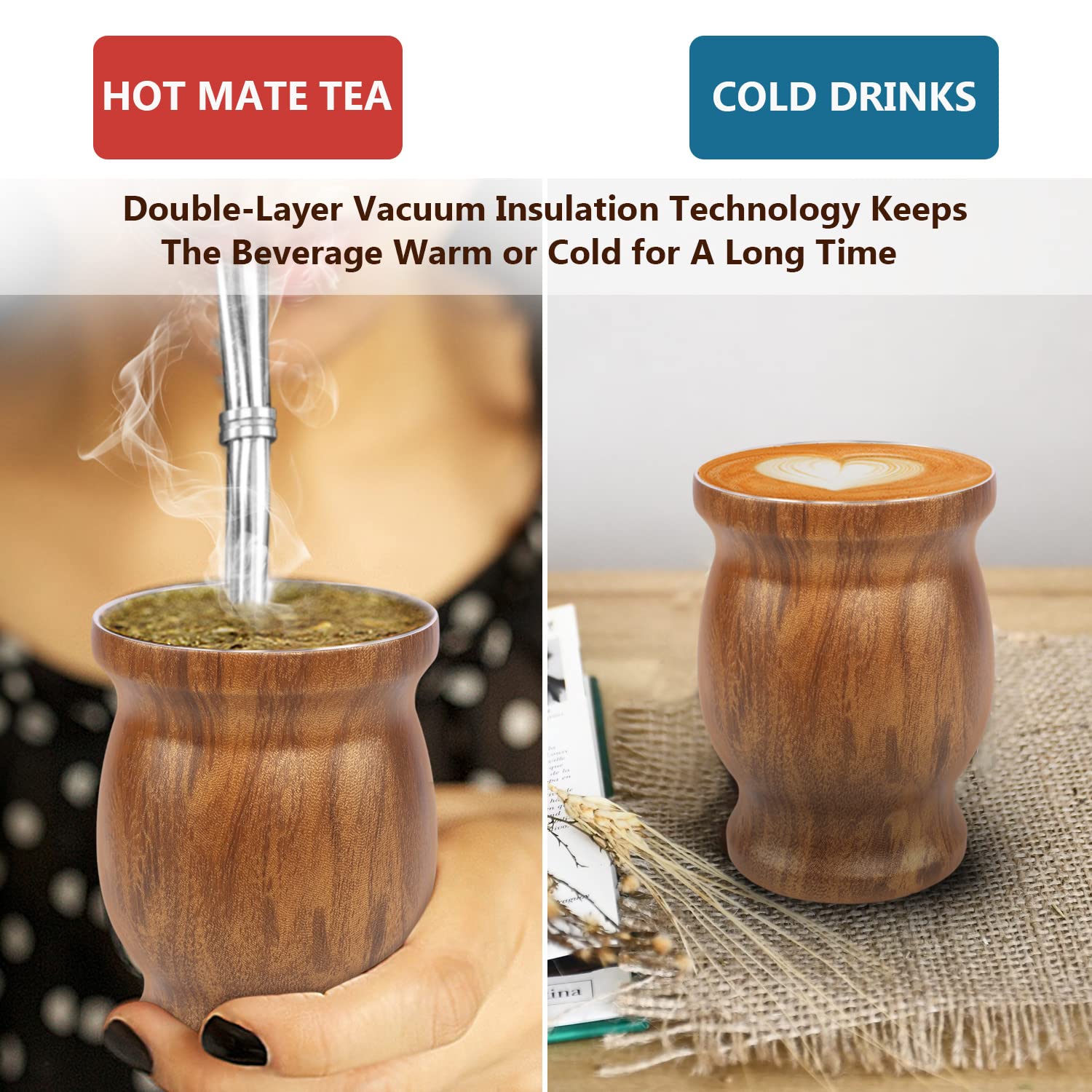 ROCKY&CHAO 8 Oz Yerba Mate Gourd Tea Cup, Stainless Steel Double-Walled Teacup Set Traditional Mate Cup Included 2 Bombillas(Yerba Mate Straws), Yerba Mate Gourd Cup and Cleaning Brush, Wood Grain