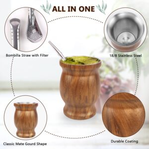 ROCKY&CHAO 8 Oz Yerba Mate Gourd Tea Cup, Stainless Steel Double-Walled Teacup Set Traditional Mate Cup Included 2 Bombillas(Yerba Mate Straws), Yerba Mate Gourd Cup and Cleaning Brush, Wood Grain