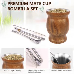 ROCKY&CHAO 8 Oz Yerba Mate Gourd Tea Cup, Stainless Steel Double-Walled Teacup Set Traditional Mate Cup Included 2 Bombillas(Yerba Mate Straws), Yerba Mate Gourd Cup and Cleaning Brush, Wood Grain