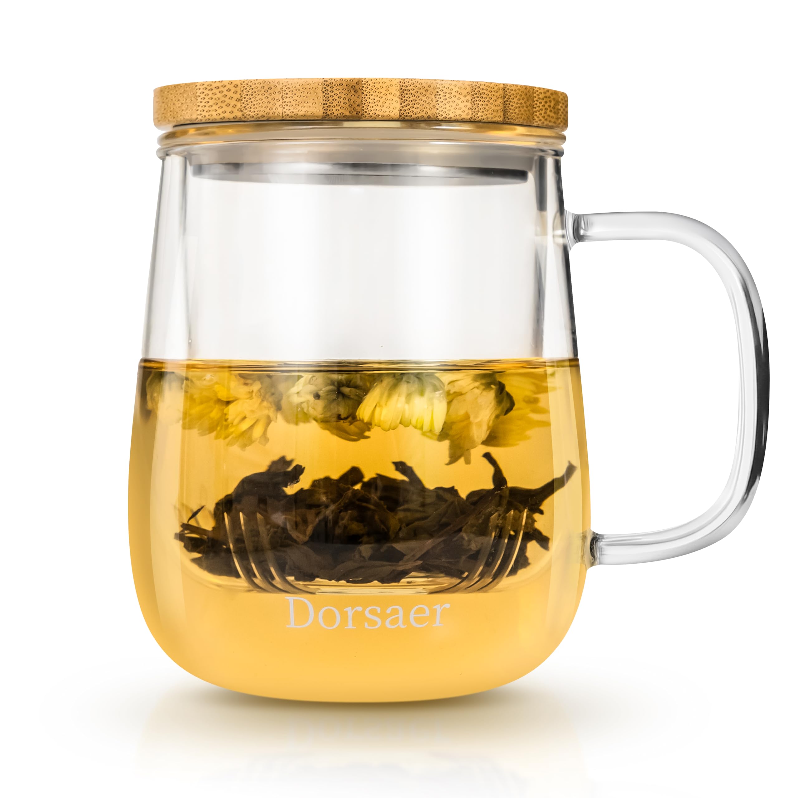 Dorsaer Glass Tea Mugs - 16.9oz Glass Tea Cup with Infuser and Lid for Tea Steeping at Home and Office. Larger Glass Tea Cups, Clear Glass Tea mugs with infuser and lid