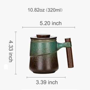 NCQIXIAO Tea Cup with Infuser and Lid, Retro Tea Mug Cups with Infuser, Wood Handle Ceramic Coffee Mug with Lid for Steeping Loose Leaf Tea 320ml/10.82OZ (Vintage Green)