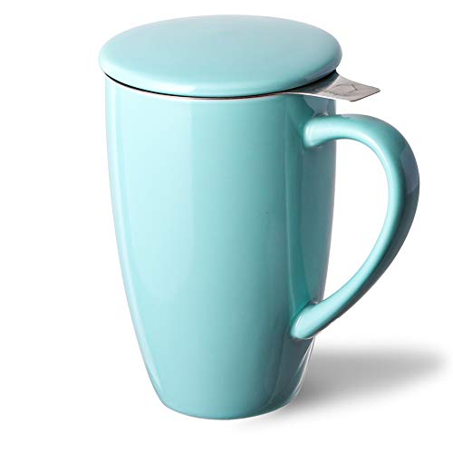 Sweejar Porcelain Tea Mug with Infuser and Lid,Teaware with Filter, Loose Leaf Tea Cup Steeper Maker, 16 Fl Oz for Tea/Coffee/Milk/Women/Office/Home/Gift (Turquoise)