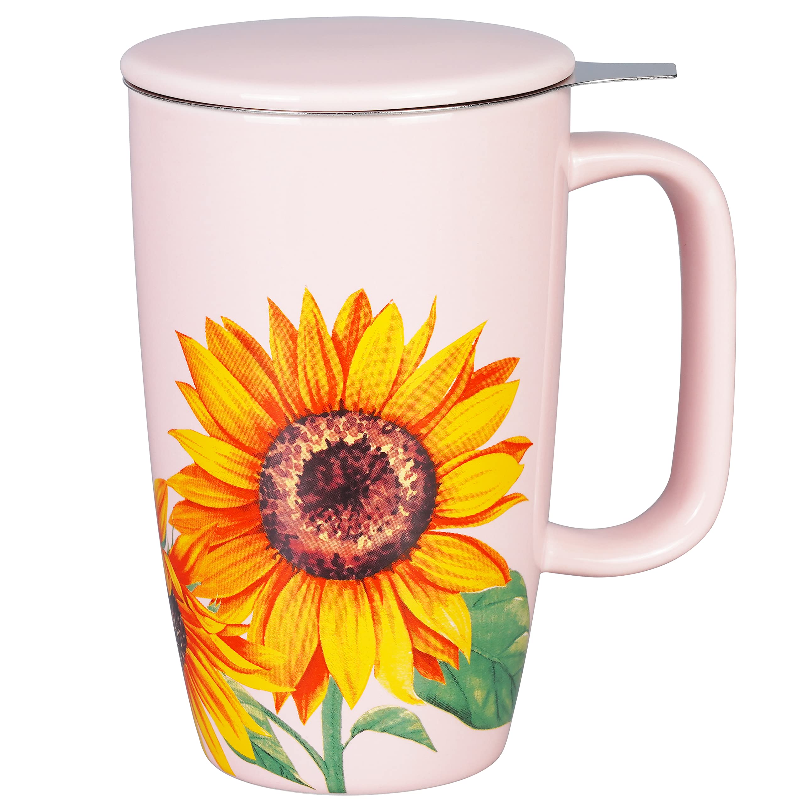 Sunddo Ceramic Tea Cup with Infuser and Lid Sunflower Coffee Mug Gifts for Women Mom Teacher Wife Friends Valentines Day Christmas Mothers Day