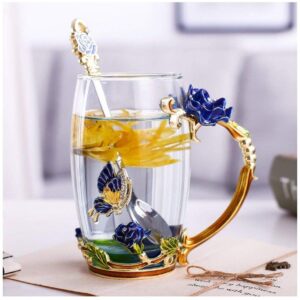 Tea Cup, Coffee Mug Cups, Clear Glass Coffee Cups Tea Mugs with Spoon Set Handmade Enamel Butterfly Rose Flower,13 oz (Blue) Ideal for Friend Birthday Presents