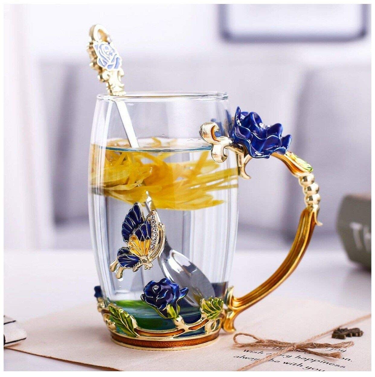 Tea Cup, Coffee Mug Cups, Clear Glass Coffee Cups Tea Mugs with Spoon Set Handmade Enamel Butterfly Rose Flower,13 oz (Blue) Ideal for Friend Birthday Presents