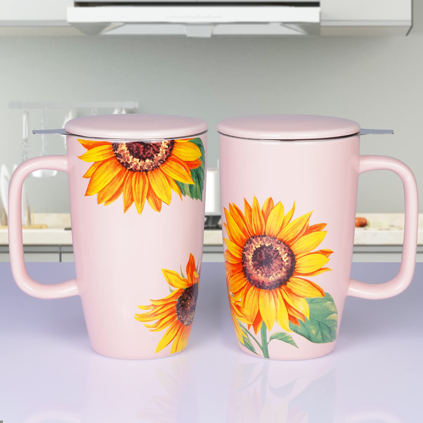 Sunddo Ceramic Tea Cup with Infuser and Lid Sunflower Coffee Mug Gifts for Women Mom Teacher Wife Friends Valentines Day Christmas Mothers Day