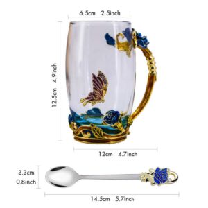 Tea Cup, Coffee Mug Cups, Clear Glass Coffee Cups Tea Mugs with Spoon Set Handmade Enamel Butterfly Rose Flower,13 oz (Blue) Ideal for Friend Birthday Presents