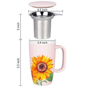 Sunddo Ceramic Tea Cup with Infuser and Lid Sunflower Coffee Mug Gifts for Women Mom Teacher Wife Friends Valentines Day Christmas Mothers Day