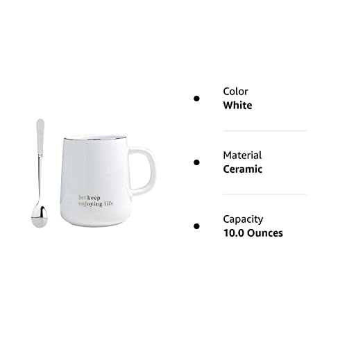 Ceramic Mug Birthday Gifts for Women China Tea Cups with Spoon Coffee Cup Suitable for Making Tea,Cold Drinks,Hot Drinks,Coffee,Etc(White,14.5oz)