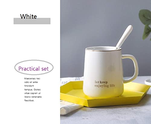 Ceramic Mug Birthday Gifts for Women China Tea Cups with Spoon Coffee Cup Suitable for Making Tea,Cold Drinks,Hot Drinks,Coffee,Etc(White,14.5oz)