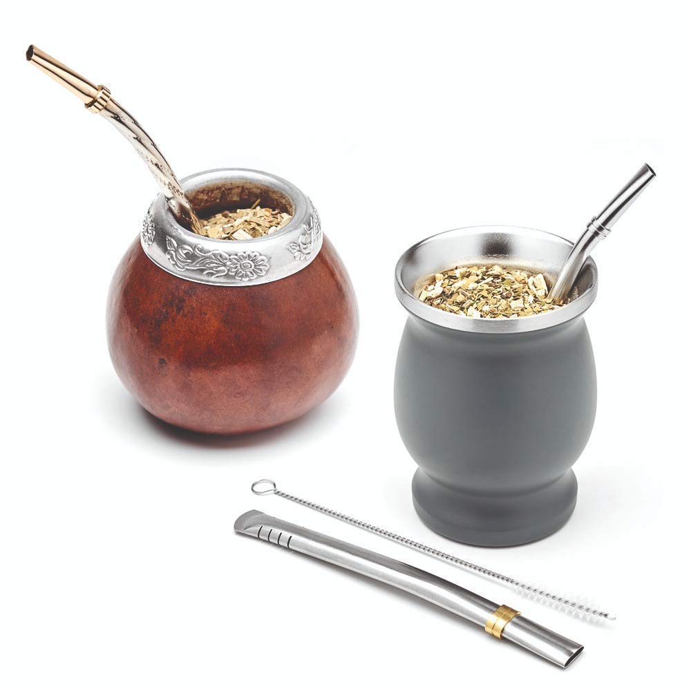 BALIBETOV Premium Mate Kit - 1 Natural Calabash Mate Cup, 1 Modern Stainless Steel Mate Cup, 3 Bombillas (Mate Straw) and 2 Cleaning Brush - All Included.