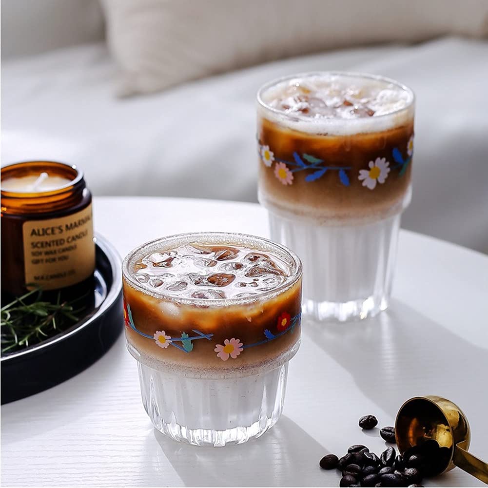 yaocoral Set of 2 Daisy Glass Coffee Cup Cute Drinking Glasses Stackable Daisy Glass Cups for Juice,Iced Coffee,Milk,Tea,Dessert,Flower Glassware Drinkware Set(blue)