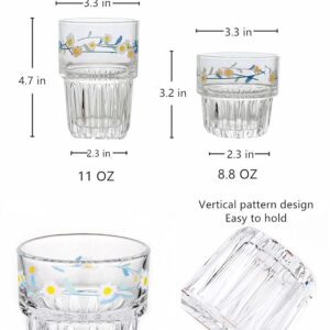 yaocoral Set of 2 Daisy Glass Coffee Cup Cute Drinking Glasses Stackable Daisy Glass Cups for Juice,Iced Coffee,Milk,Tea,Dessert,Flower Glassware Drinkware Set(blue)