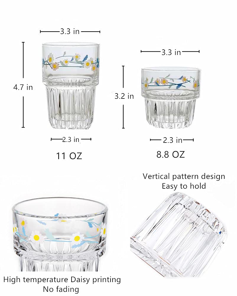 yaocoral Set of 2 Daisy Glass Coffee Cup Cute Drinking Glasses Stackable Daisy Glass Cups for Juice,Iced Coffee,Milk,Tea,Dessert,Flower Glassware Drinkware Set(blue)